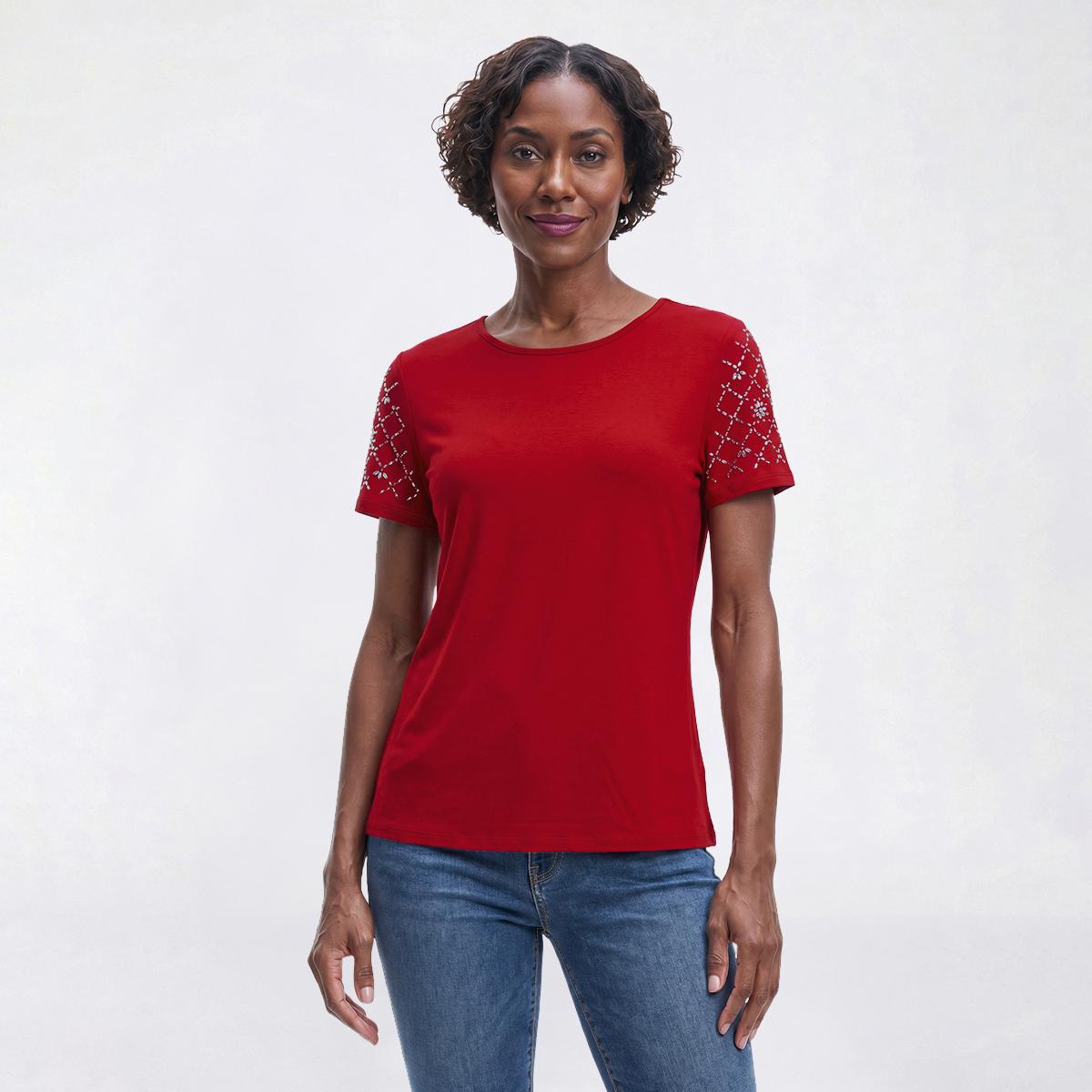 Click here for Womens Love Scarlet Short Beaded Sleeve Solid Blou... prices